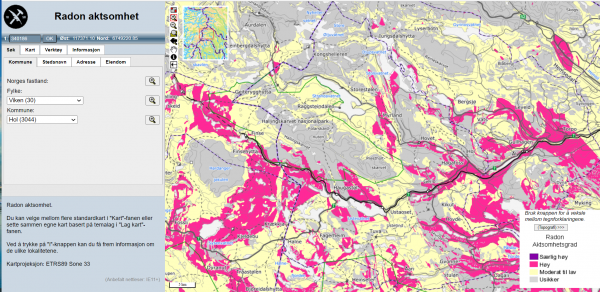 Kart som viser radonutsatte områder - Miljøretta Helsevern Hallingdal
